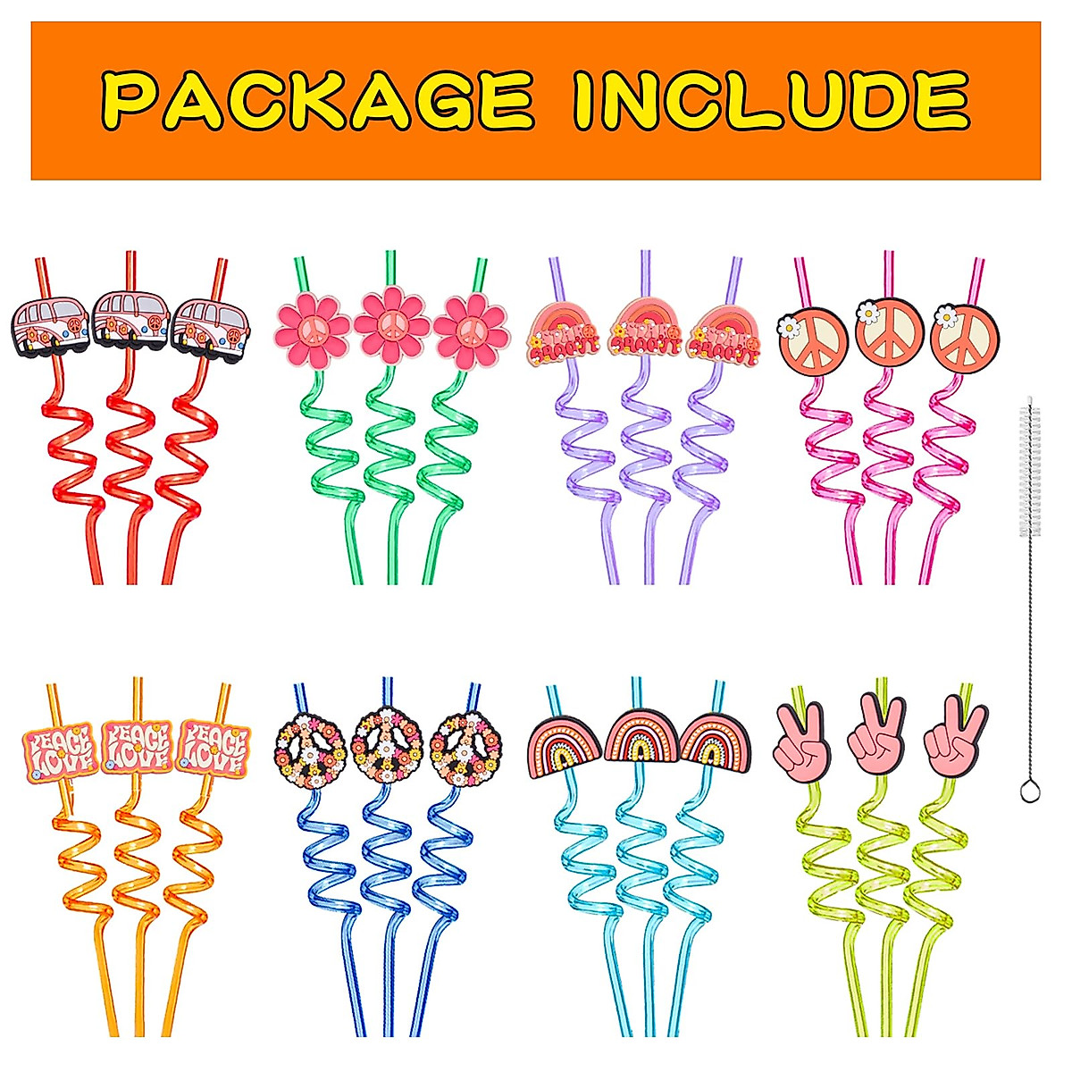 24 Pcs Hippie Boho Party Straws Two Groovy Reusable Plastic Drinking Straws with Cleaning Brush Peace Love 60's Rainbow Flower Birthday Supplies