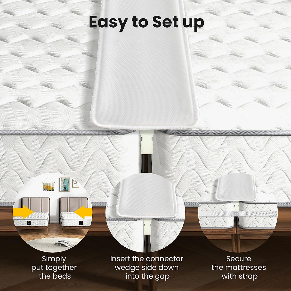 KOMFOTT 75” X 9” Bed Bridge, Twin to King Converter Kit, Adjustable Bed Mattress Connector with Strap, Twin Bed Gap Filler King Maker, Split King Bed Connector for Family Guests (Twin to King)