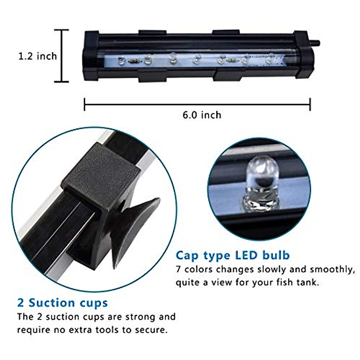 PULACO 1 Watt Aquarium Fish Tank Air Stone with Automatic Color Changing LED Light for Small Fish Tank Air Pump