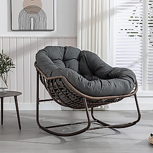 TURRIDU Rattan Outdoor Rocking Chair, Wicker Patio Egg Rocking Chair with Detachable Cushion, Indoor Papasan Chair for Living Room, Garden, Patio, Gray