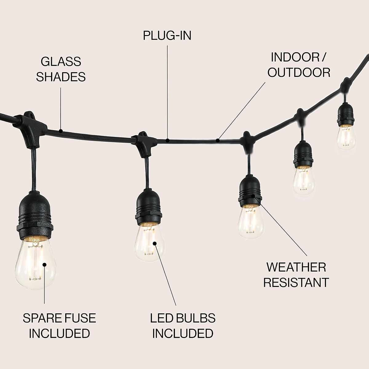 JONATHAN Y JYL8702A Indoor Outdoor Rustic Industrial LED S14 Edison Buld String Lights Garden Patio Backyard Porch Balcony, 48 ft. 15-Light, Black