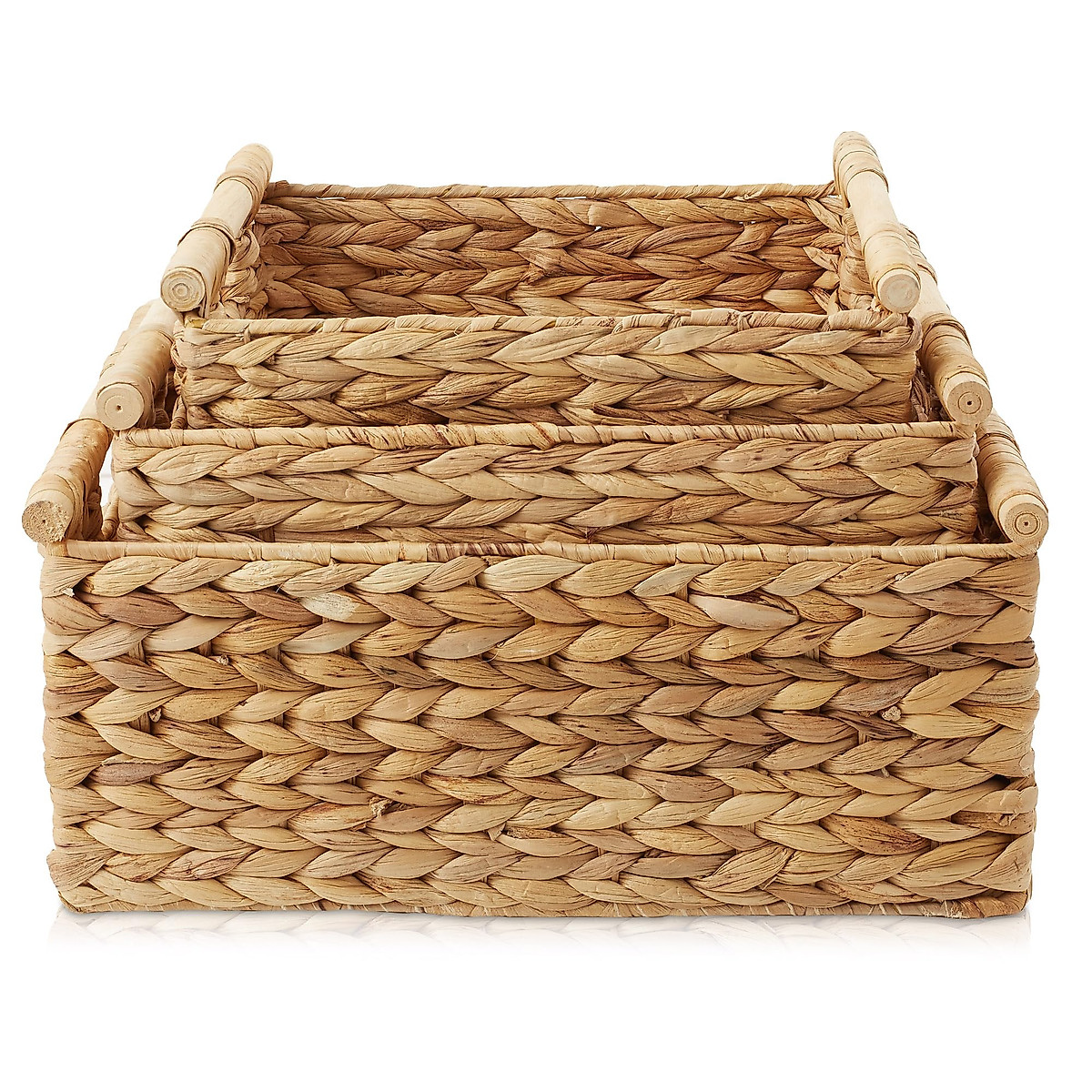 Casafield Set of 3 Water Hyacinth Rectangular Storage Baskets with Wooden Handles - Small, Medium, and Large Woven Nesting Baskets for Organizing