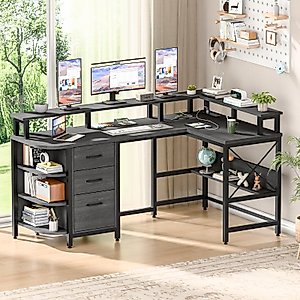 Vabches 67" L Shaped Computer Desk with LED Lights and Power Outlets, Reversible L Shaped Gaming Desk with 3 Drawers Hutch Monitor Stand, Home Office Desk with USB Port