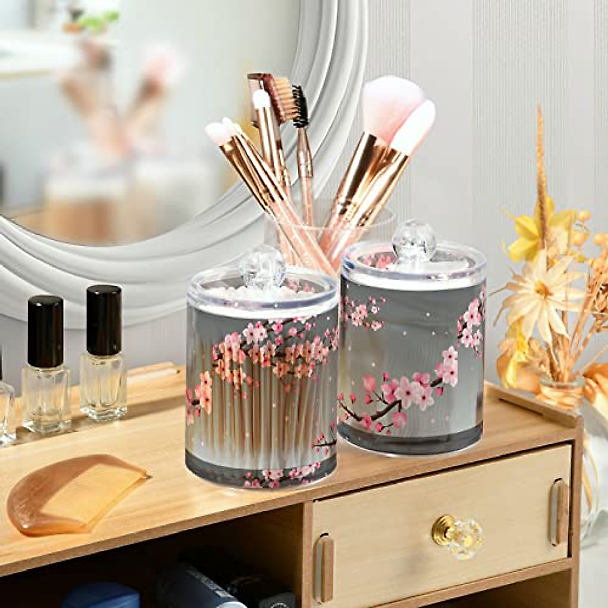 ALAZA Japanese Oriental Cherry Blossom Qtip Holder Organizer Dispenser for Cotton Ball, Cotton Swab, Cotton Round Pads, Floss,Bathroom Canisters Storage Organizer, Vanity Makeup Organizer,2Pack
