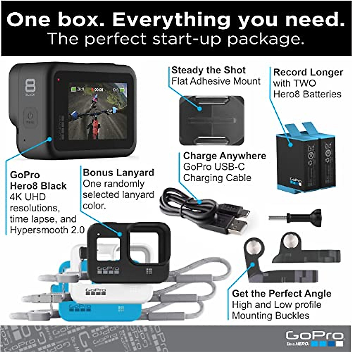 GoPro HERO8 Black + Lanyard + Extra Battery - E-Commerce Packaging - Waterproof Digital Action Camera with Touch Screen 4K HD Video 12MP Photos Live Streaming Stabilization