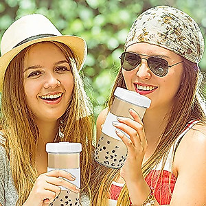 MAKBEN 2 Pack Reusable Boba Cup Bubble Tea Cup, 24 oz Boba Cups and Lids and Straw, Iced Coffee Cups Silicone Sleeves, Leakproof Travel Smoothie Cup for Large Boba Pearl (White)