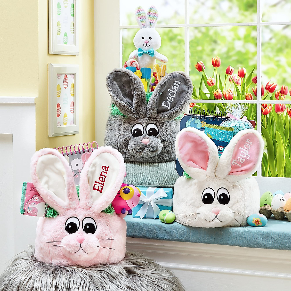Let's Make Memories Personalized Easter Basket - Fuzzy Bunny Plush - Easter Basket for Kids - Gray