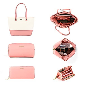 Tote Handbags Purses Cosmetic Bags 3pcs Set for Women, Simply and Quickly Make up or Touch up Anytime and Anywhere (Off-white/Pink)