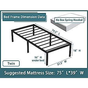 Rooflare Twin Size Bed Frames 18 Inch Tall Max 3500lbs Heavy Duty Metal Twin Size Platform for Boys Girls Kids No Box Spring Needed Black Easy to Assemble-Black