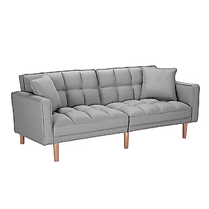 SLEERWAY Modern Futon Sofa Bed, Convertible Sleeper Sofa with Armrests and 2 Pillows, Recliner Couch with 5 Solid Wooden Legs, Twin Size Sofa for Living Room Handpicked Fabric (Light Grey)