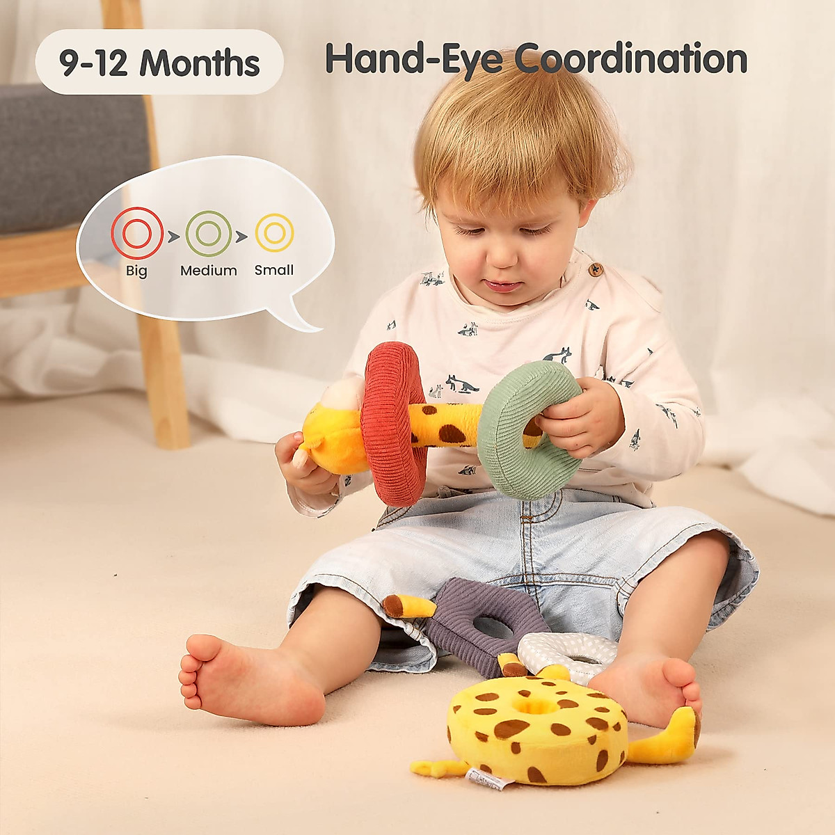 TUMAMA Plush Stacking Rattles Baby Toy Giraffe Stacks of Circles STEM Montessori Toy Baby Shower Deer Woodland Stuffed Animals Gift for 3 6 9 12 18 Months 1 Year Olds Infant Toddler Boy Girl