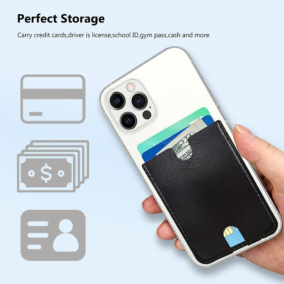 Wansurs 3 Pack Phone Card Holder for Back of Phone, Leather Phone Wallet Stick On, Credit Card Holder for Phone Case Compatible with iPhone, Samsung, Android and All Cell Phone (Black)