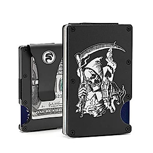 Coukula Minimalist Wallet for Men - RFID Blocking Metal Wallet - Engraved Skull Poker - Aluminum Slim Money Clip - Front Pocket Credit Card Holder - Tactical Wallet for Business Travel