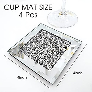 VASUHOME 4PCS Glass Mirrored Coaster Set - 4" Round Cup Mat with Crushed Diamond Decor, Ideal for Bar Tools and Dining Tables Tabletop Decoration