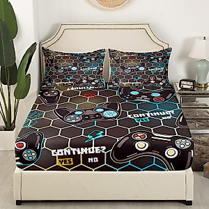 Erosebridal Gamer Twin Size Bedding Set for Boys Girls Gaming Bed Sheets, Neon Honeycomb Fitted Sheet Video Game Sheets, Geometric Hexagon Bedding Kids Teens Room Decor, Black Bed Cover 2 Pieces