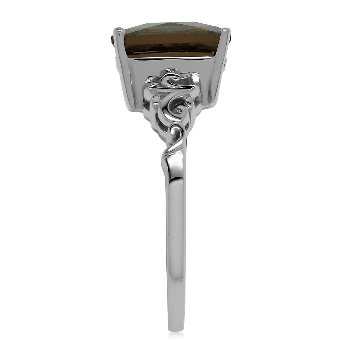 Silvershake 3.13 CTW 10X8mm Natural Octagon Shape Smoky Quartz White Gold Plated 925 Sterling Silver Filigree Leaf Solitaire Gemstone Ring Size 8