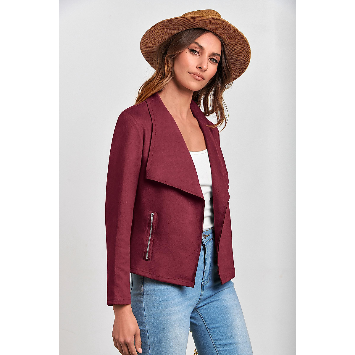 PRETTYGARDEN Women Cropped Jackets 2024 Fall Long Sleeve Faux Suede Leather Coats with Pockets (Wine Red,Large)