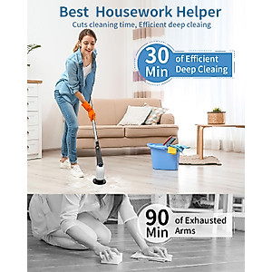 Electric Spin Scrubber, Cordless Shower Cleaning Brush with 8 Replaceable Brush Heads, 3 Adjustable Speeds, Detachable & Extendable Long Handle Scrubber for Bathroom Floor Tile, Voice Broadcast