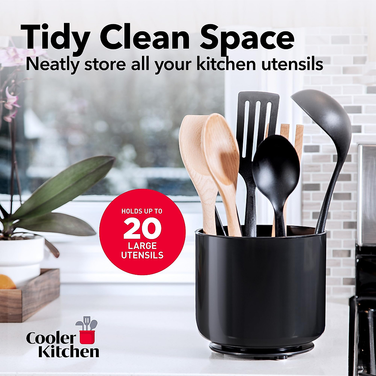 Rotating Extra Large Utensil Holder Crock with No-Tip Weighted Base, Removable Divider, And Gripped Insert - Dishwasher Safe Kitchen Utensil Holder For Kitchen Counter: Cooking Black Utensil Caddy