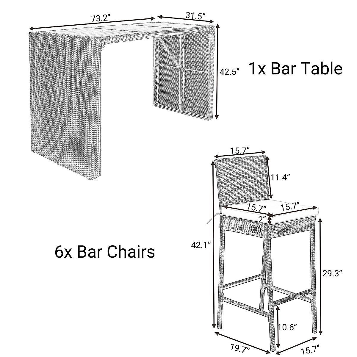 Modern Outdoor Patio Furniture Set, 7-Piece Rattan Dining Set, 6 Chairs with Cushions and PE Wicker Dining Table with Acacia Wood Tabletop, Perfect for Backyard, Garden
