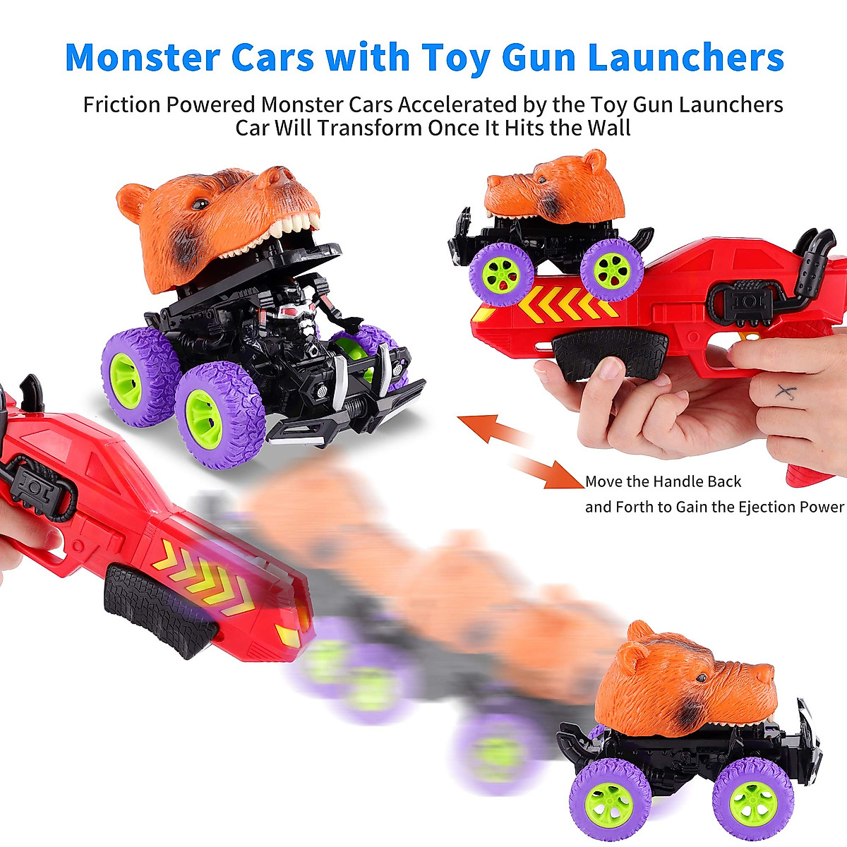 FiGoal Two Pack Monster Cars with Toy Gun Launchers Gifts for Kids for Family Fun Friction Powered Toy Cars Vehicles for Boys and Toddlers Games Toys Gifts for Birthday