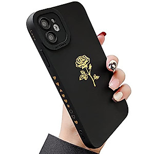 Qokey for iPhone 11 Case(2019 6.1"), Cute Plated Rose Gold Flower with Anti-Fall Lens Cameras Cover Shell, Soft TPU Shockproof Anti-Fingerprint Phone Protection Cases for Women Girls Men,Black