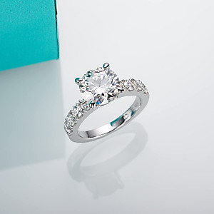 AnuClub Moissanite Engagement Ring 4.3cttw D Color Lab Created Diamond Round Cut 14K White Gold Plated Sterling Silver Eternity Wedding Promise Anniversary Band Ring, Christmas Gift for Women 9