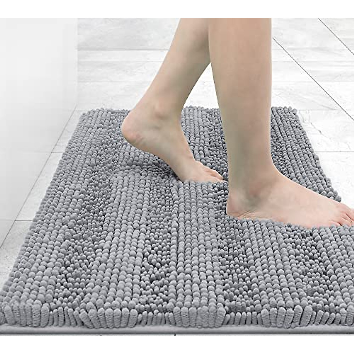 Grandaily Chenille Striped Bathroom Rug Mat, Extra Thick and Absorbent Bath Rugs, Non-Slip Soft Plush Shaggy Bath Carpet, Machine Wash Dry, Bath Mats for Bathroom, 16x24, Grey