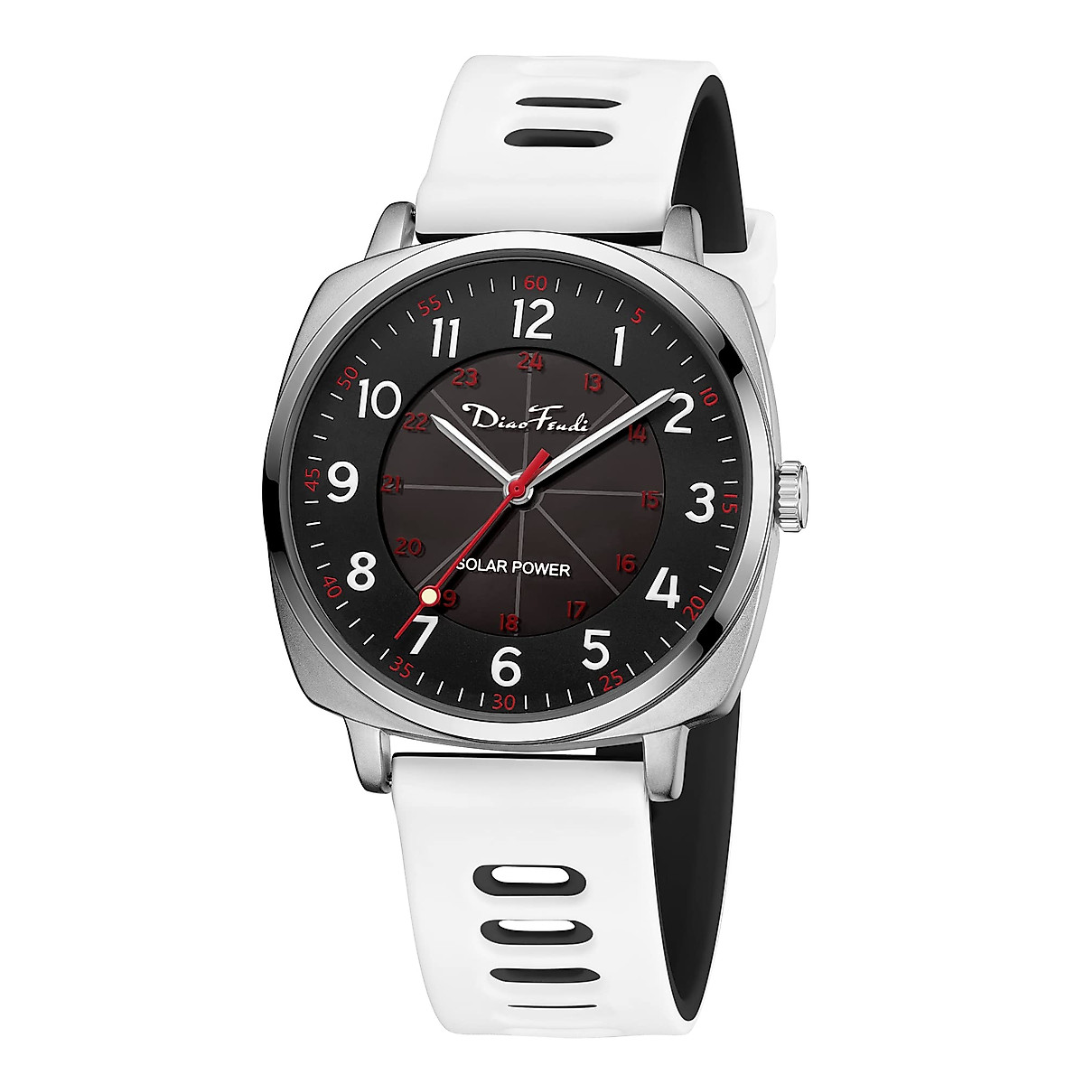 Diaofendi Solar Powered Watch for Women/Man/Nurse, Watch with 24 Hour Second Hand,Military Time Easy Read Dial (Silver/White Black)