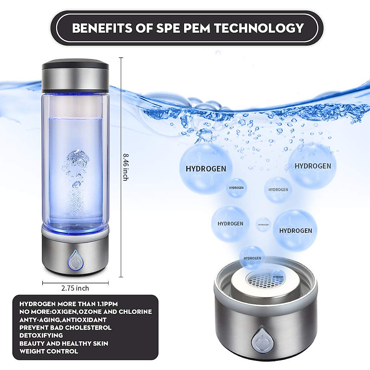 SAIKUN Hydrogen Rich Water Cup ，PEM Technology Ionizer ， Portable USB Rechargeable Ionized Water Generator Anti Aging Antioxidant Glass Bottle- 350ml