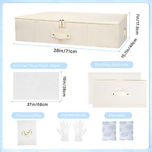Wedding Dress Storage Box - Wedding Dress Preservation Box with Microfiber Gloves, 20 Sheets of Acid Free Paper and Dustproof Bag, Bridal Essentials, Heirloom Breathable Wedding Dress Box (Beige)