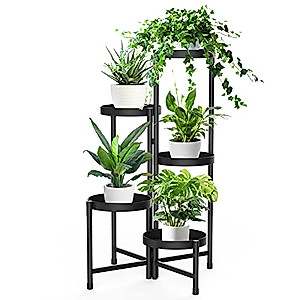 iDavosic.ly 5 Tier Metal Plant Stand for Indoor Outdoor, Foldable Corner Tall Plant Shelf for Multiple Plants, Flower Pot Holder Display Stand for Living Room Balcony Garden Patio (Black)