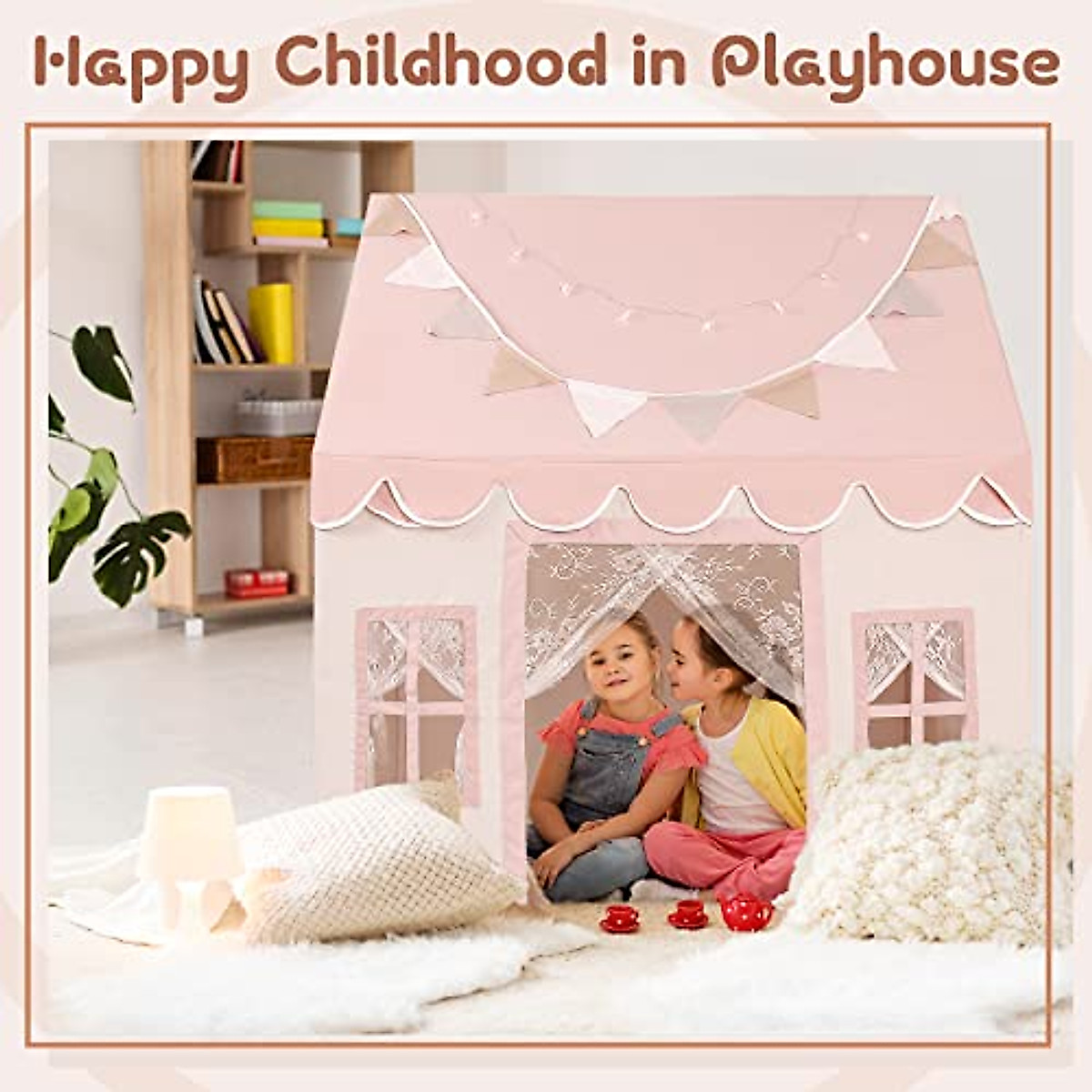Kids Play Tent with Non-Slip Mat, Star Lights, Decorating Flag, Lace Curtains Playhouse with 4 Windows, Machine Washable, Indoor and Outdoor Play Tent for Kids, Girls, Pink, 47" x 40" x 52"