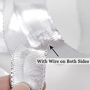 MEEDEE Silver Ribbon Wired Woven Metallic Ribbon 1 inch Silver Wired Ribbon Silver Metallic Ribbon for Gift Wrapping, Gift Bows, DIY Crafts, Graduation Baskets, Wedding, Party Decorations (25 Yards)