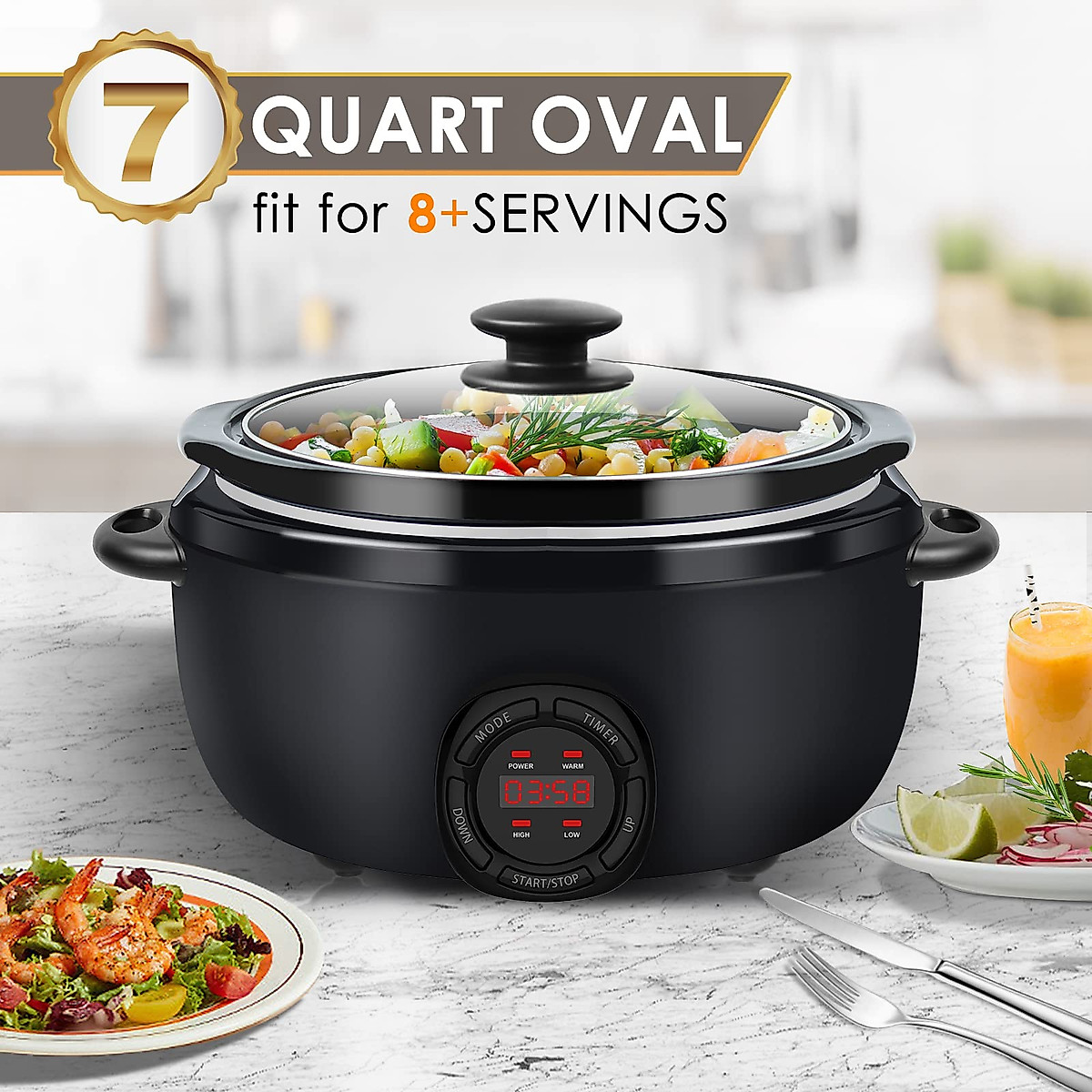 bathivy 7 Quart Slow Cooker, Electric Oval Programmable Slow Cooker with Nonstick Ceramic Pot, 3 Tempature Settings, Digital Countdown Timer, Keep Warm, Dishwasher Safe Glass Lid & Crock, Easy Carry Side Handles, Matte Black Powder Coating Housing