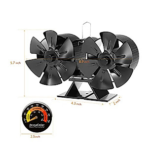 JossaColar Dual Motor Wood Burning Stove Fan - Non Electric Thermal Fan with Wood Stove Thermometer and Accessories