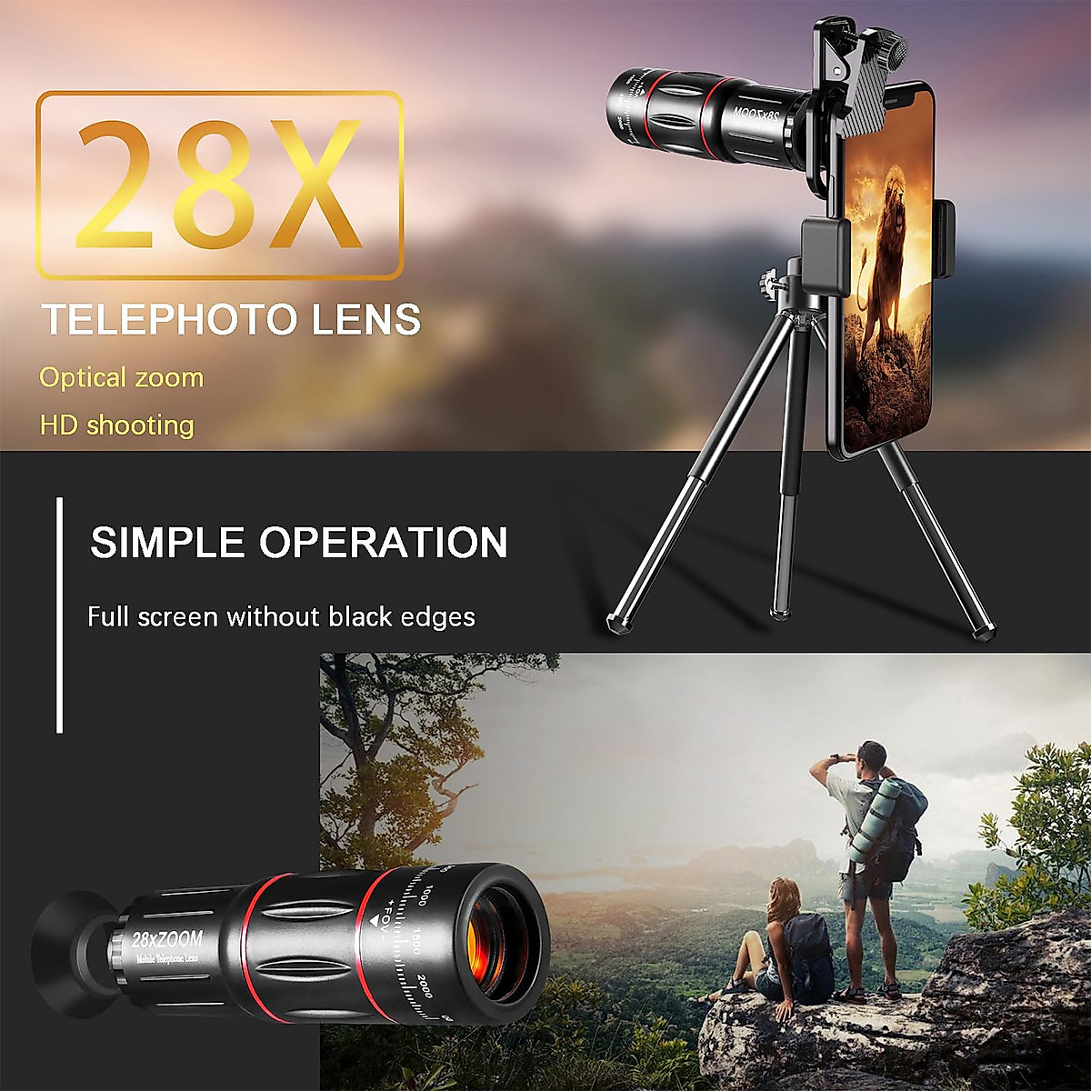 VASDEV Phone Camera Lens Kit Upgraded Version Telephoto 28X + Wide Angle 0.6X Macro 20X Fisheye 198° for iPhone Samsung Android and Most Smartphones, VASDEV-1