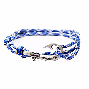 Chasing Fin Fish Hook Pendant Bracelet - Cool 30-Inch Military-Grade 550 Paracord Bracelet & Anklet - Adjustable Size, 100% Nylon Nautical & Fishing Accessory Hook Pendant, Pewter (Blue Camo, Pewter)