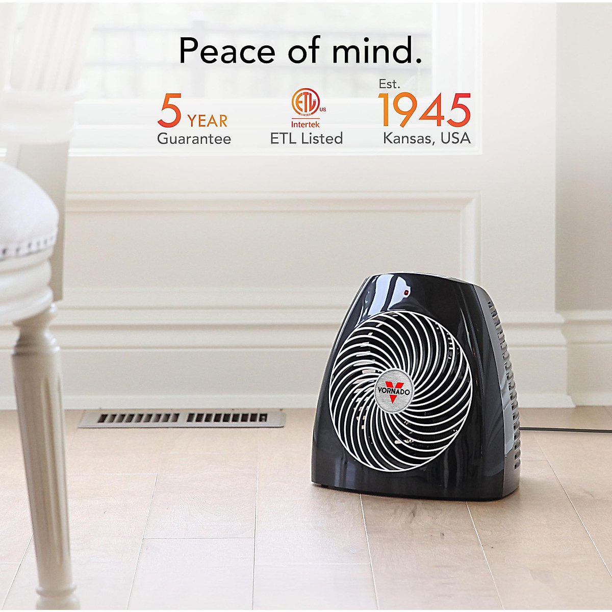 Vornado MVH Vortex Heater with 3 Heat Settings, Adjustable Thermostat, Tip-Over Protection, Auto Safety Shut-Off System, Whole Room, Black