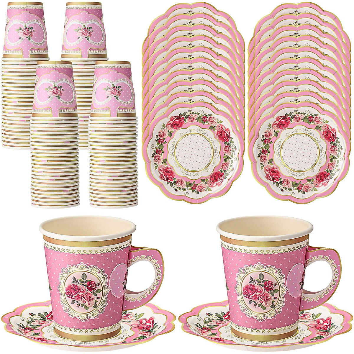 Tioncy 100 Pcs Tea Party Decorations Include 50 Pieces 9 oz Floral Paper Tea Cups with Handle and 50 Plates Disposable Blossom Teacups and Saucers Sets for Girls Birthday (Floral)