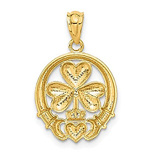 IceCarats 14K Solid Yellow Gold Lucky Clover Leaf Shamrock Flower Heart Irish Claddagh Necklace Celtic Charm Pendant Jewelry Only