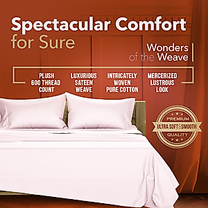 TEXAS LINEN CO. 100% Egyptian Cotton Sheets, 600 Thread Count 4 PC Queen Size Sheet Set, Soft, Cooling, High Thread Count Sateen, Extra Long Staple Luxury Bedding, 16 in Deep Pocket - Blush