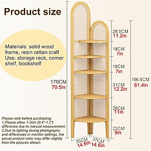 Miusocal 5-Tier Corner Shelf Stand, Corner Shelves Corner Display, Solid Wood Frame with Resin Rattan Weave, Fan-Shaped Corner Bookcase, Display Rack with Legs, Fits Tight Spaces(Natural)
