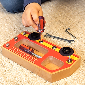 Montessori Screwdriver Set with Bolt Board. Toddler Tool Set with Real Tools for Kids Who Love Fire Truck Toys. Wooden Montessori Toys for 3, 4, 5 Year Olds. Fine Motor Toy for Preschool Learning.