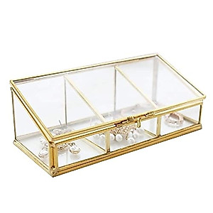 Yalych Jewelry Box Jewelry Case Golden Clear Glass & Brass Metal Storage Jewelry Display With Lid 3 Compartment Rings Bracelet Box. Jewelry Organizer