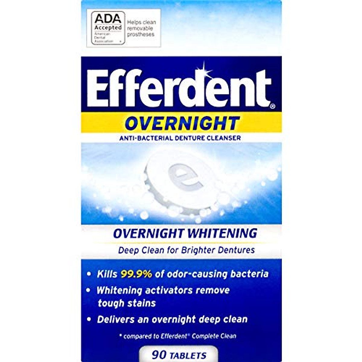 Efferdent PM Overnight Clean Anti-Bacterial Denture Cleanser Tablets, Kills Odor-Causing Bacteria with Powerful Oxi-Action, 90 Count (Pack of 1)