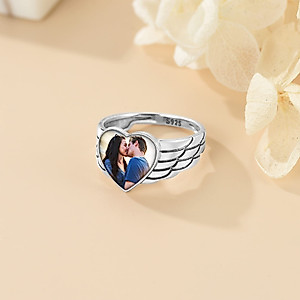 Memory Rings Personalized with Picture Custom Made 925 Sterling Silver Heart Shaped Photo Ring Memorial Jewelry Gift for Women