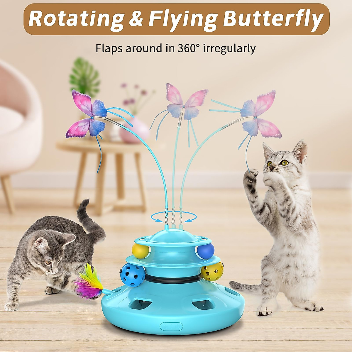 Cat Toys, 4-in-1 cat interactive toy for indoor Rechargeable Automatic with Fluttering Butterfly Random Moving Ambush Feather 2-Tier Track Balls for Bored Indoor Adult Cats Kittens All Breeds