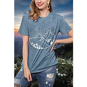 Sunrise Pine Tree Shirt for Women Retro Sun and Pine Tree Graphic Printed Summer Casual Hiking Travel Adventure Camping Short Sleeve Roundneck Regular Fit Workout Casual Tee Tops(Blue S)