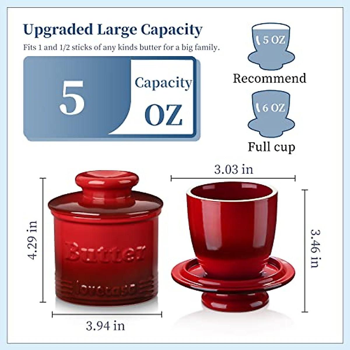 Porcelain French Butter Crock, LOVECASA Butter Dish for Counter with Water Line, Butter Keeper with Lid, Ceramic Butter Container, No More Hard Butter, Perfect Spreadable Consistency(Red)